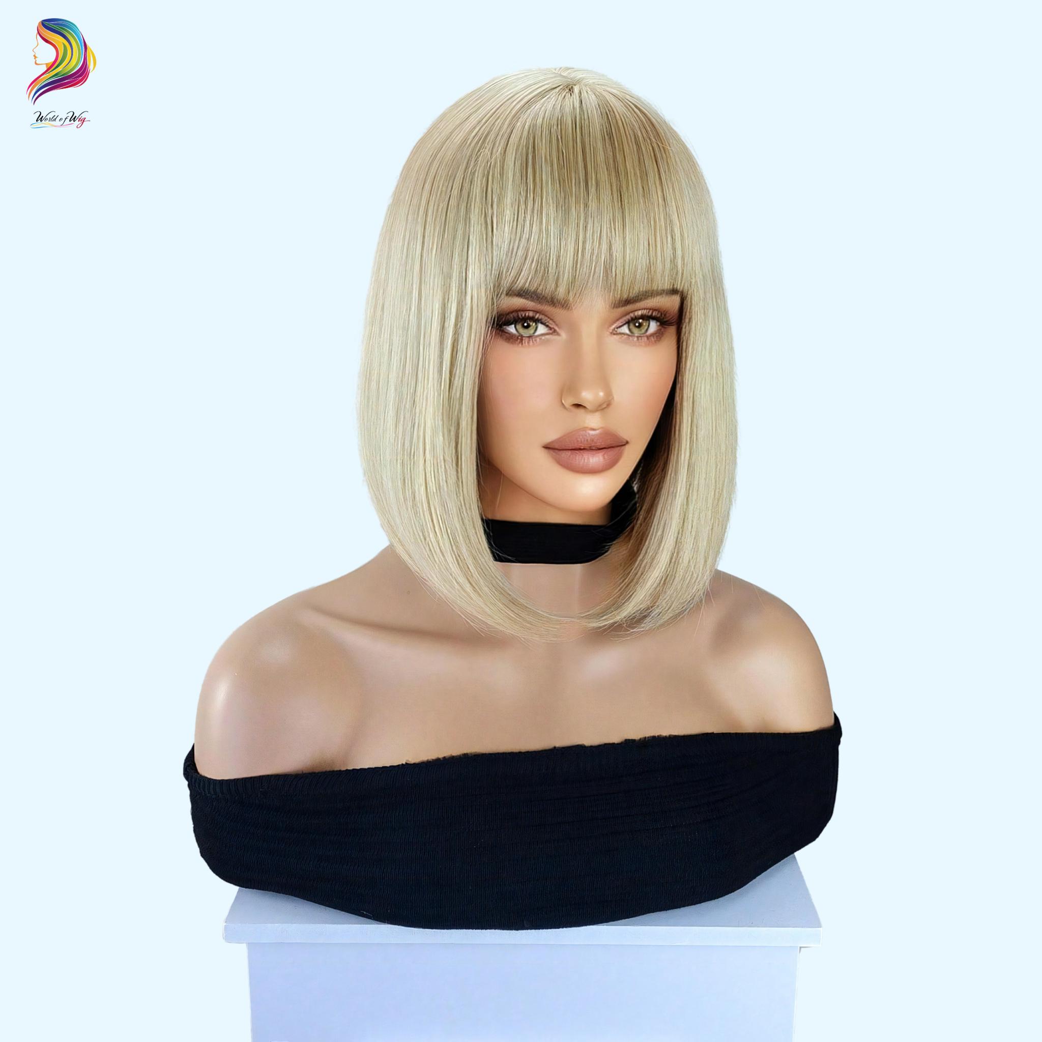 Short Blonde Bob Wig With Bangs, Platinum Blonde Synthetic Wig ...