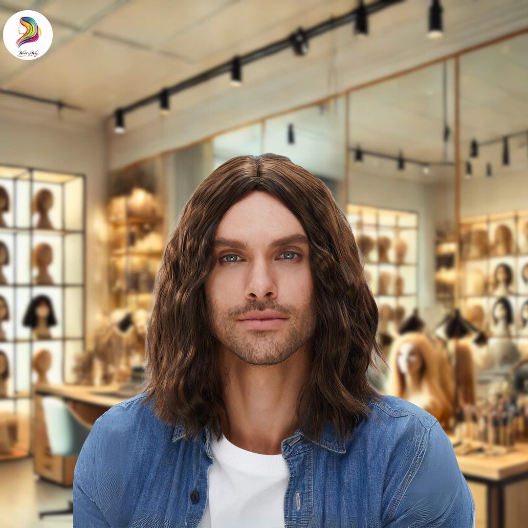 Dark Brown Long Wig for Men, Natural Hair Look Wig, Men's Synthetic Wig ...