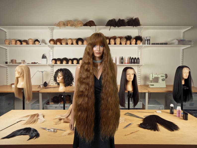 44" Extra Long Wavy Wig With Bangs, Heat Resistant Synthetic Wig ...