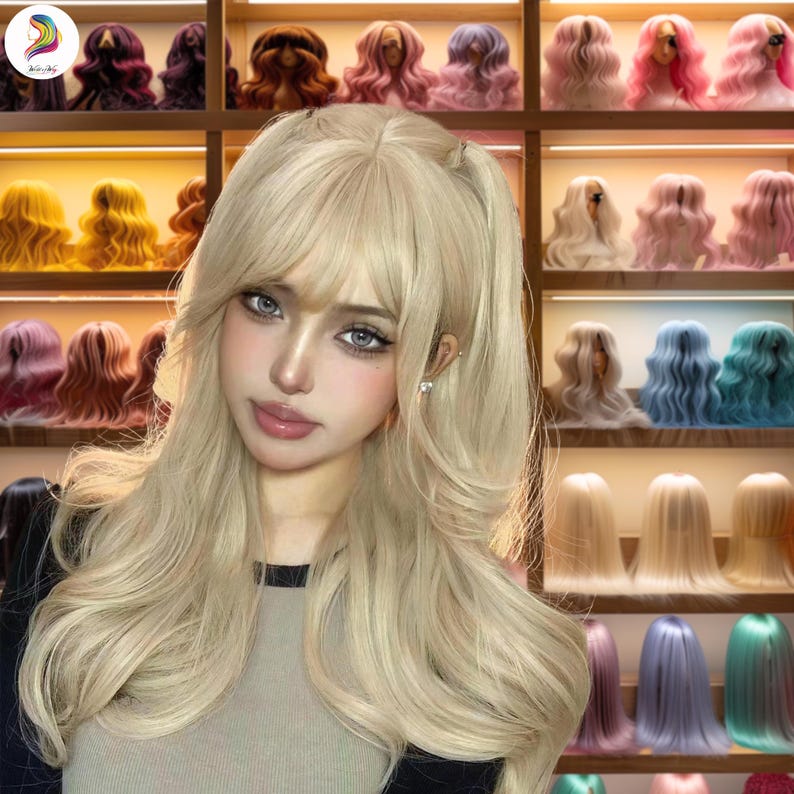 Honey Blonde Wig With Eight Figure Bangs Long Straight Highlight Brown ...
