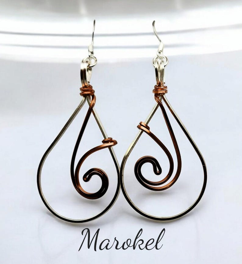 Silver Teardrop Earrings With Copper Wire Swirl - Etsy