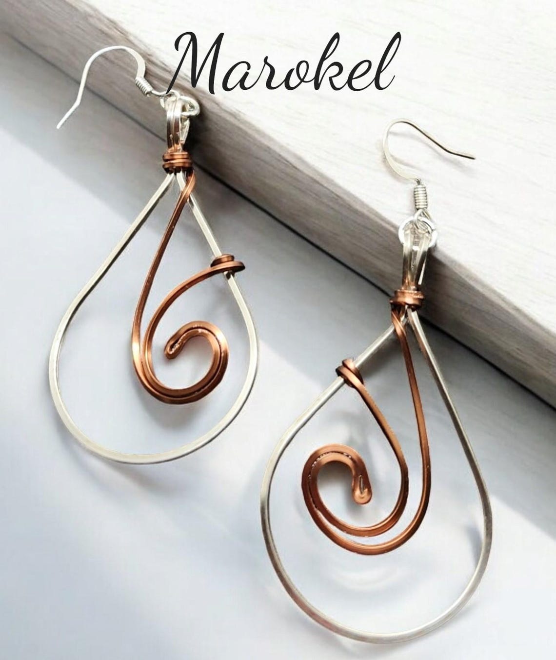 Silver Teardrop Earrings With Copper Wire Swirl - Etsy