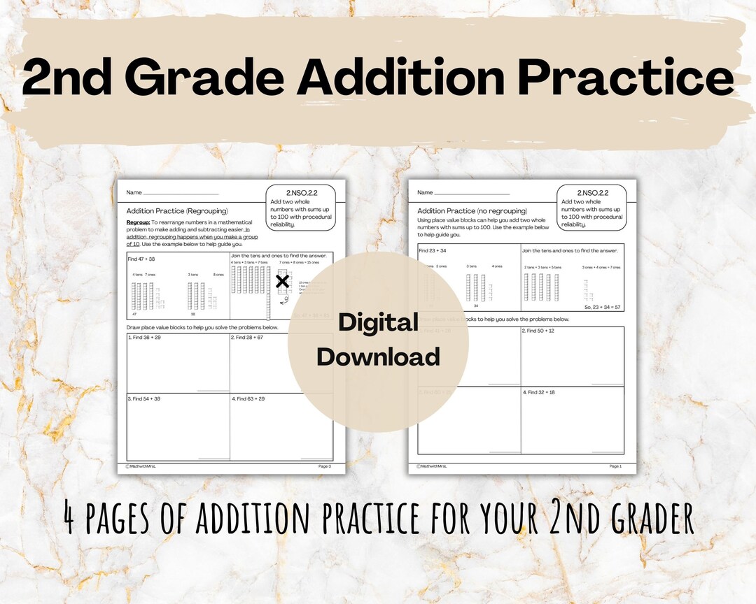 2nd Grade Addition Practice With and Without Regrouping, Numbers and ...