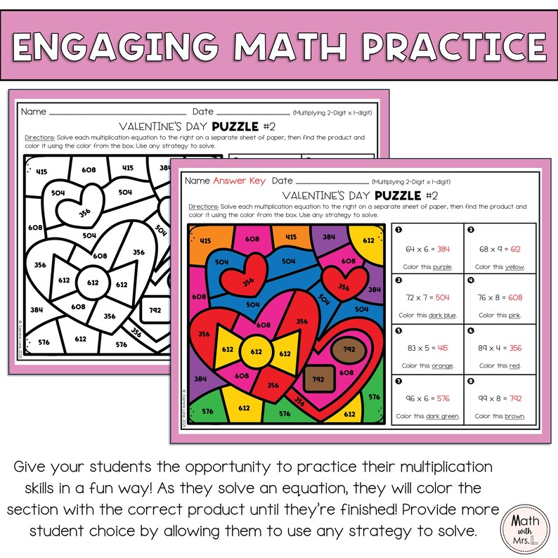 Color by Number Fourth Grade Math Multi Digit Multiplication Valentine ...
