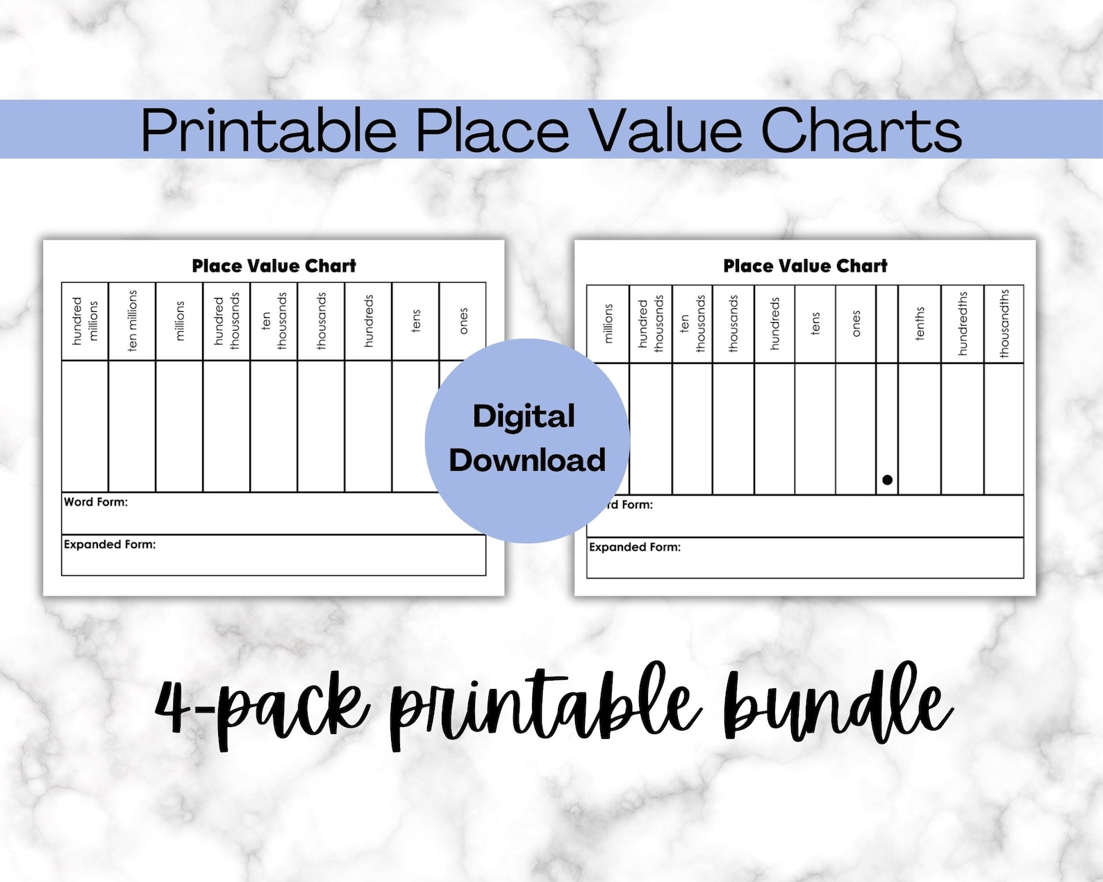 Place Value Charts to Millions, Black and White Printable Place Value ...