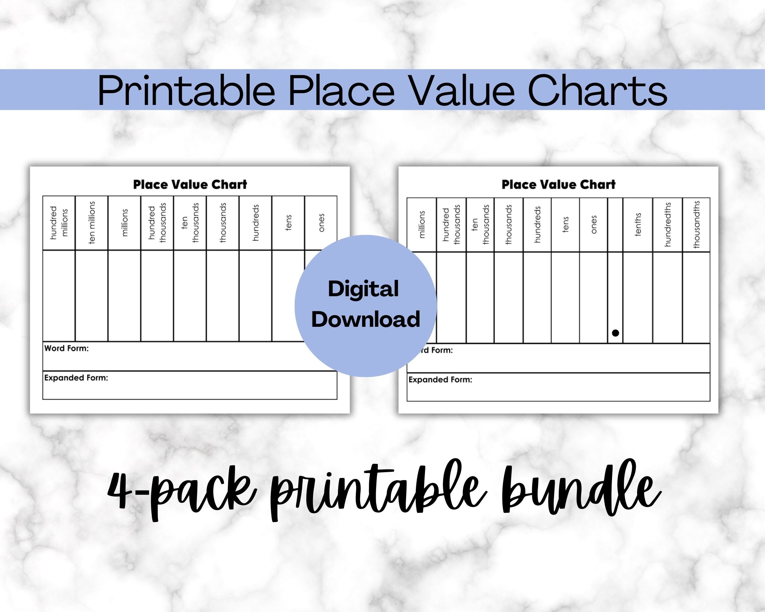 Place Value Charts to Millions, Black and White Printable Place Value ...