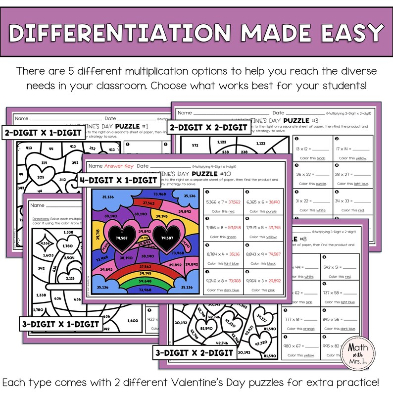 Color by Number Fourth Grade Math Multi Digit Multiplication Valentine ...