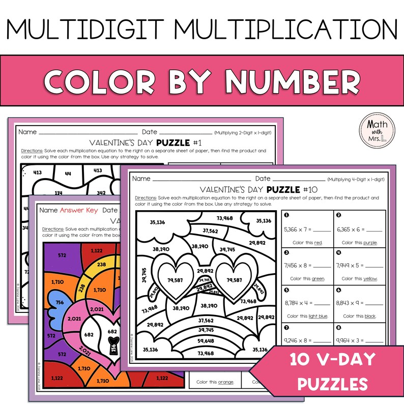 Color by Number Fourth Grade Math Multi Digit Multiplication Valentine ...