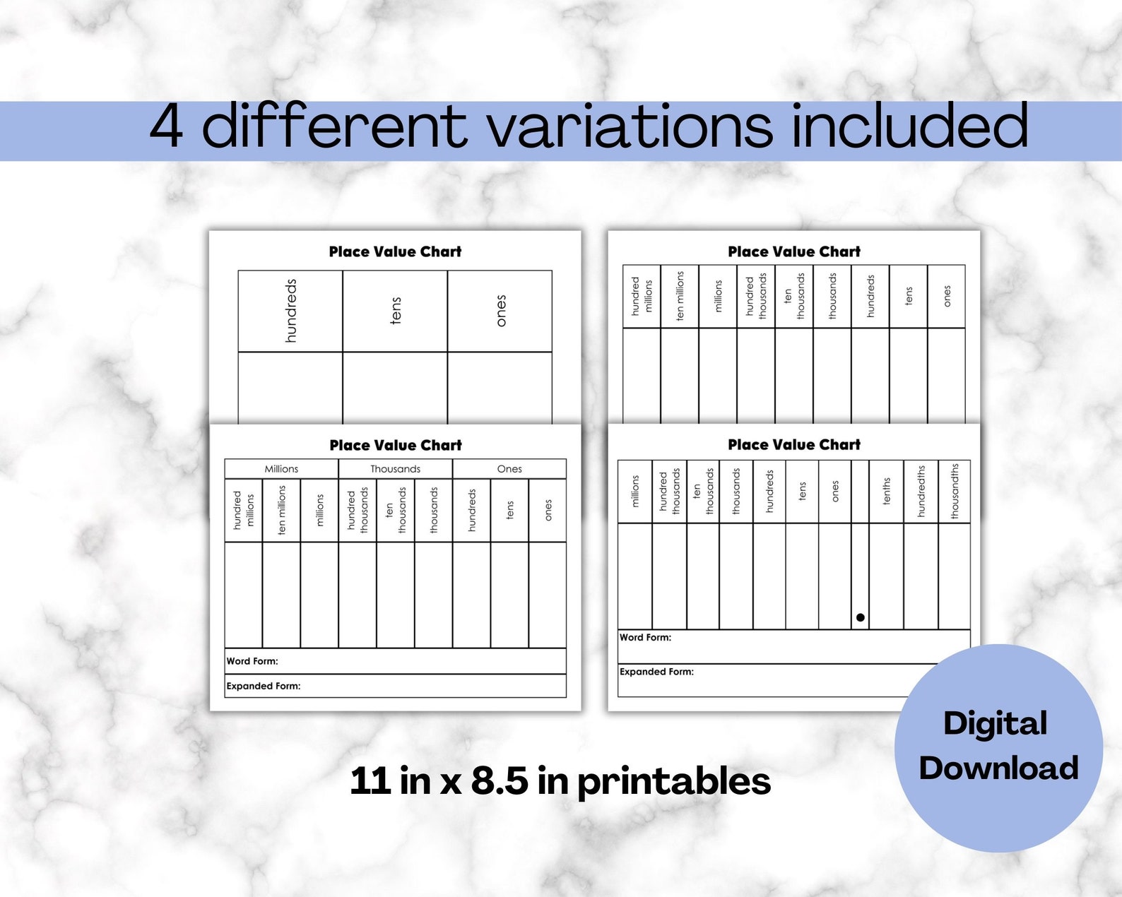 Place Value Charts to Millions, Black and White Printable Place Value ...