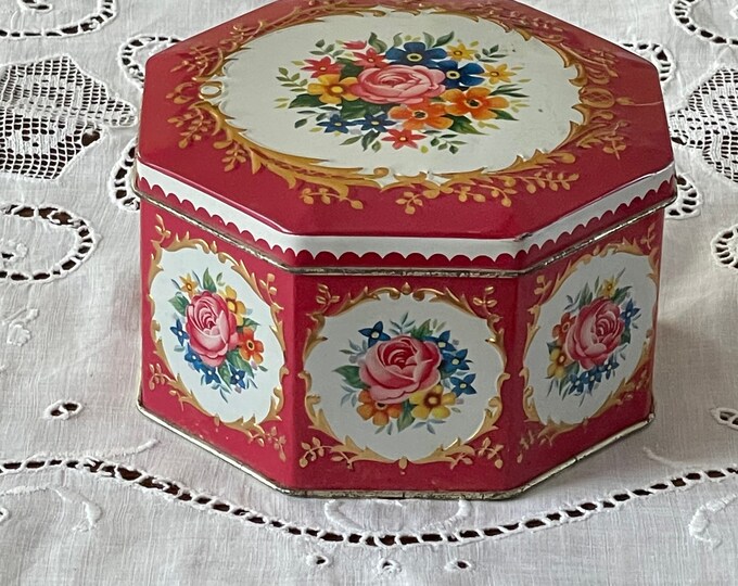 Vintage Floral Tin - 4 1/2 " Red Octagon With Hinged Lid - Embossed ...