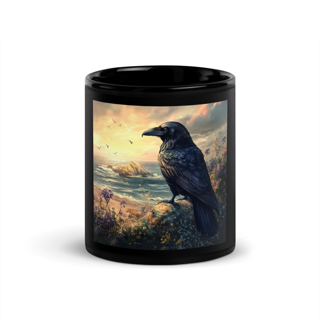 Raven at the Beach Black Glossy Mug - Etsy