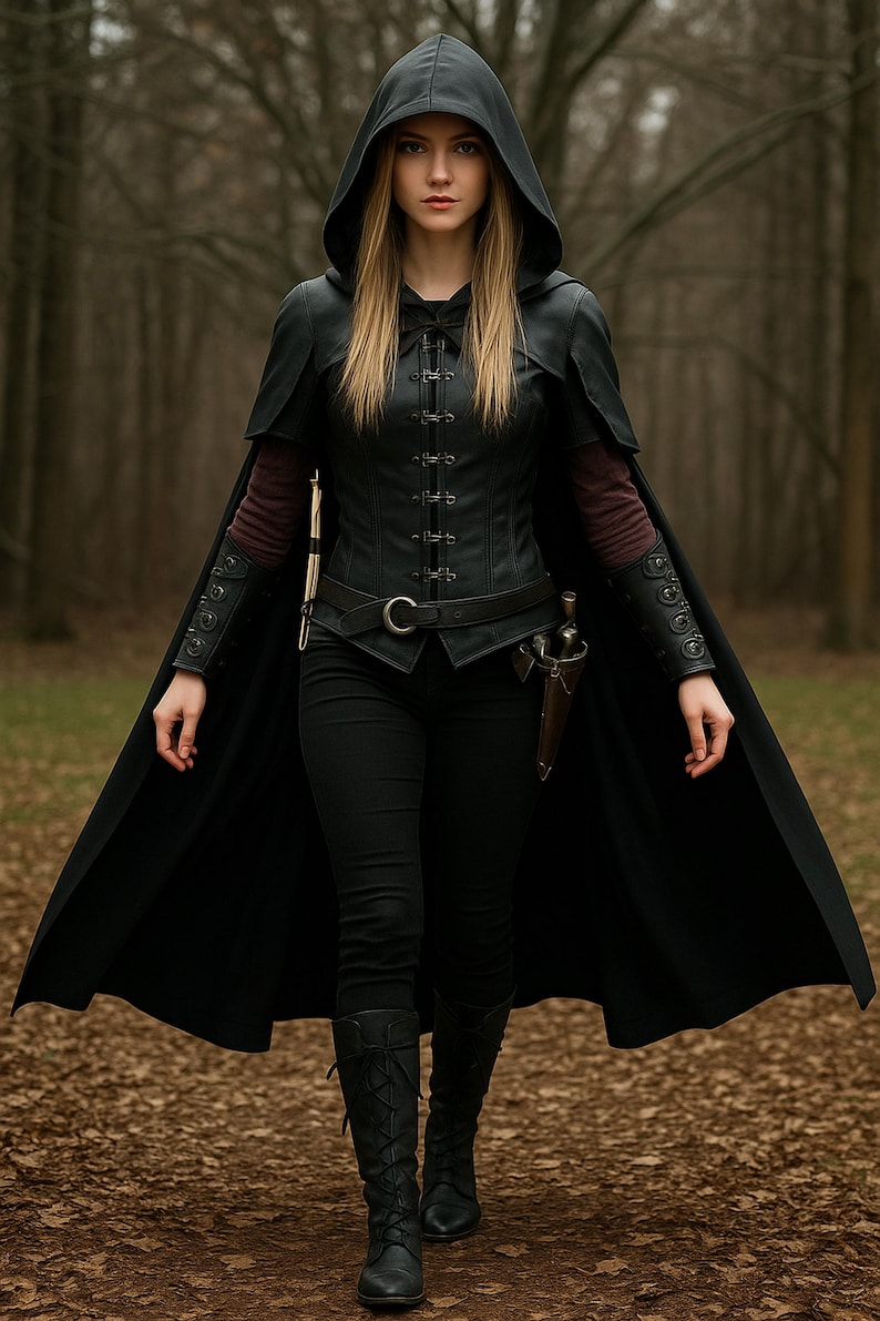 Medieval Archer Leather Cloak & Vest Hooded LARP Ranger Costume Fantasy ...