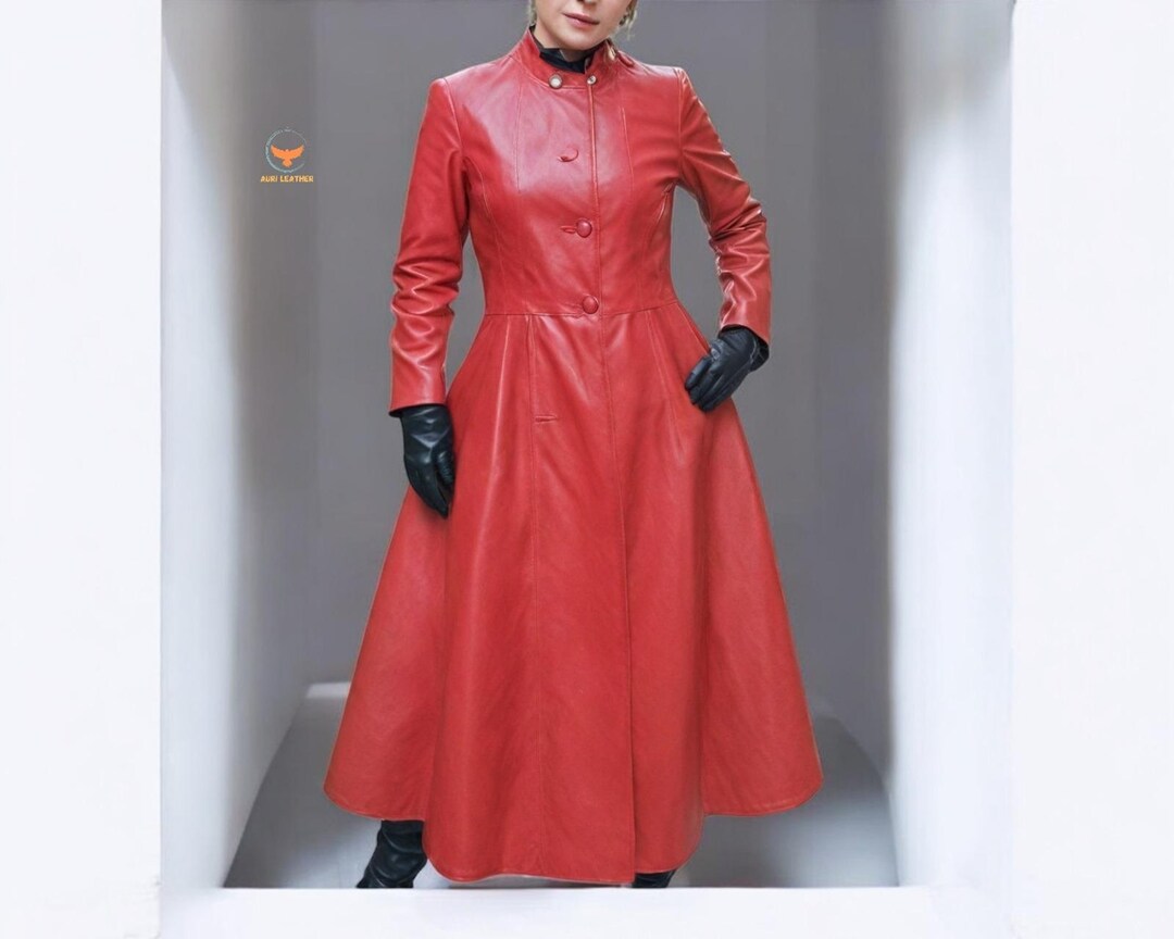 Women's Red Leather Trench Handmade Long Overcoat Gothic Victorian ...