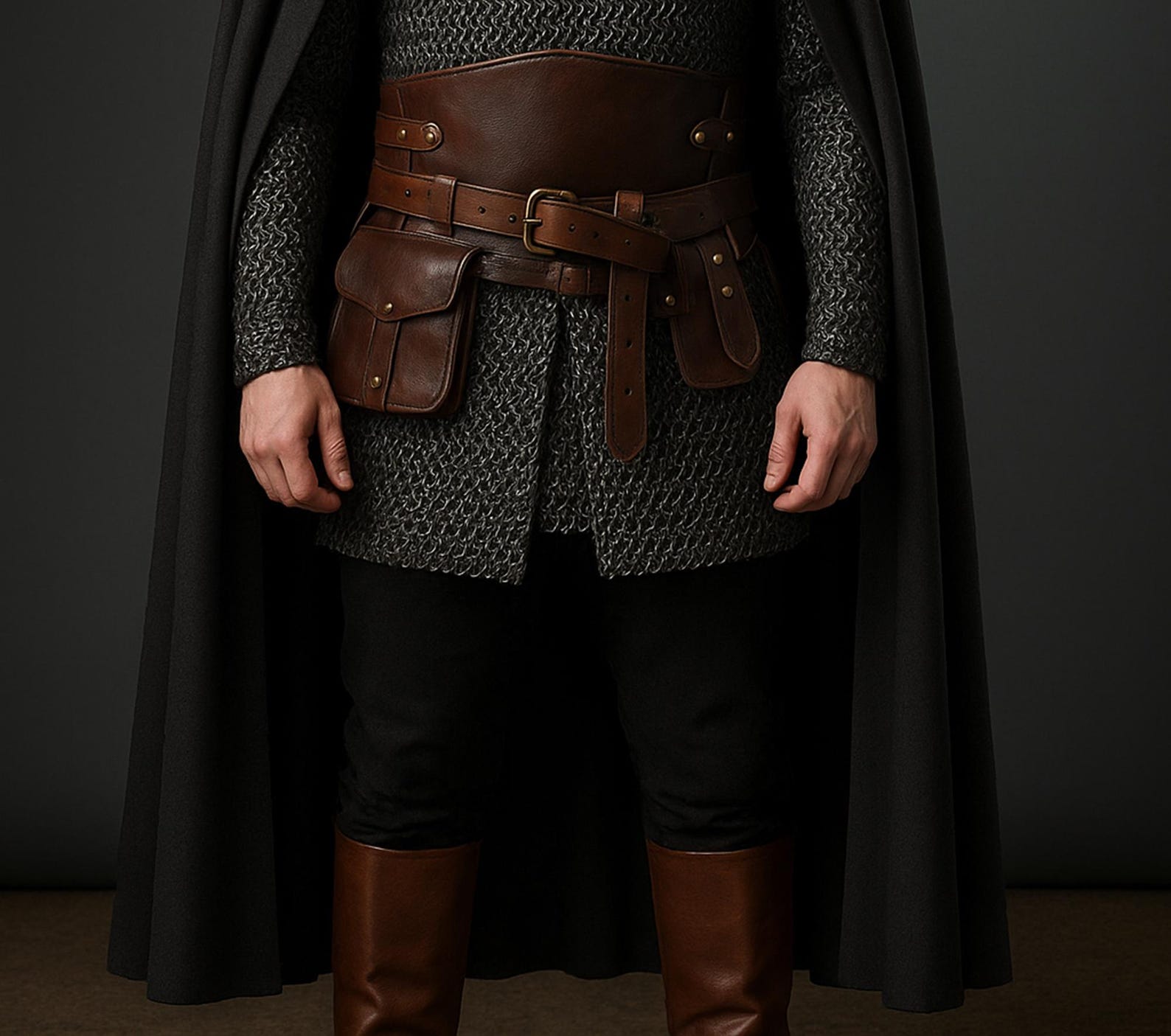 Medieval King Cloak Costume Black Fantasy Cape With Hood & Belt ...