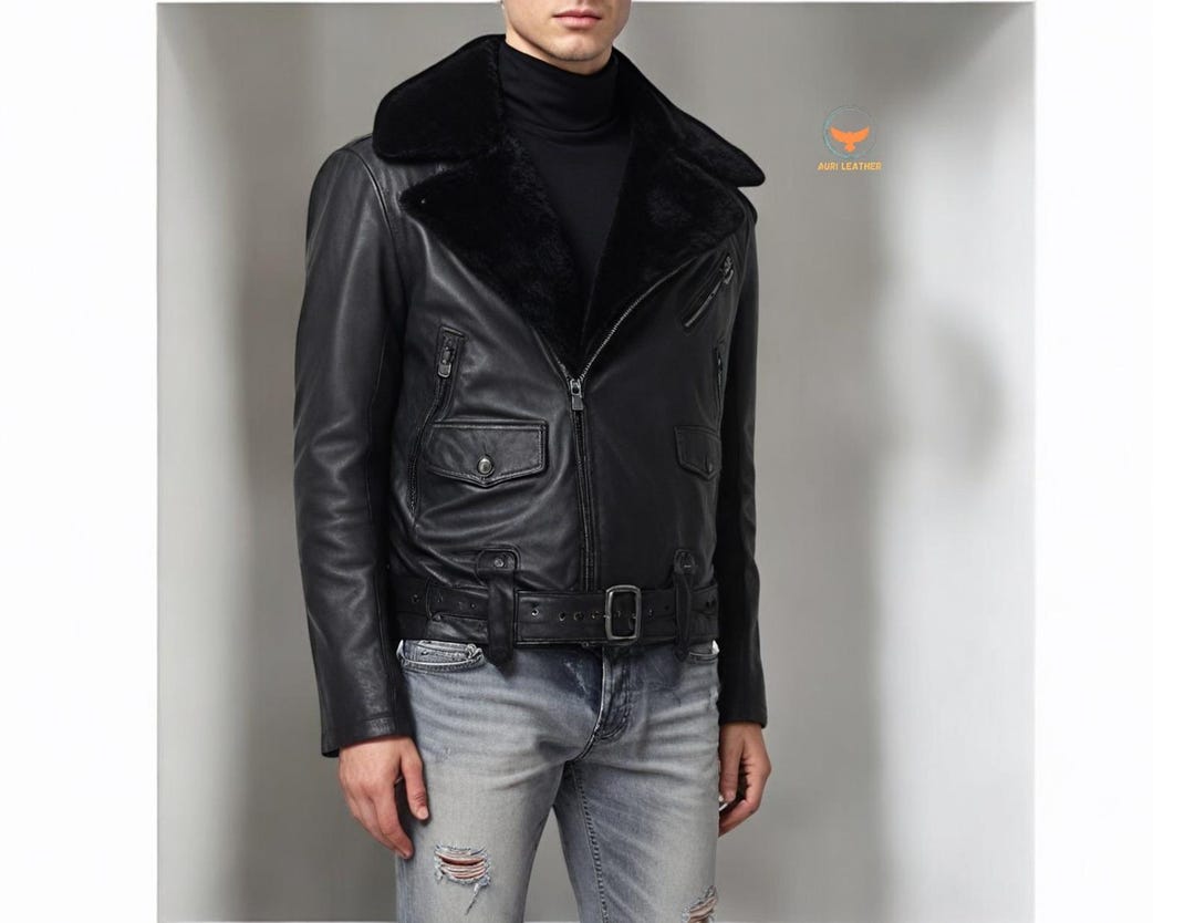 Handmade Men’s Black Fur Collar Leather Biker Jacket Winter Moto Coat ...