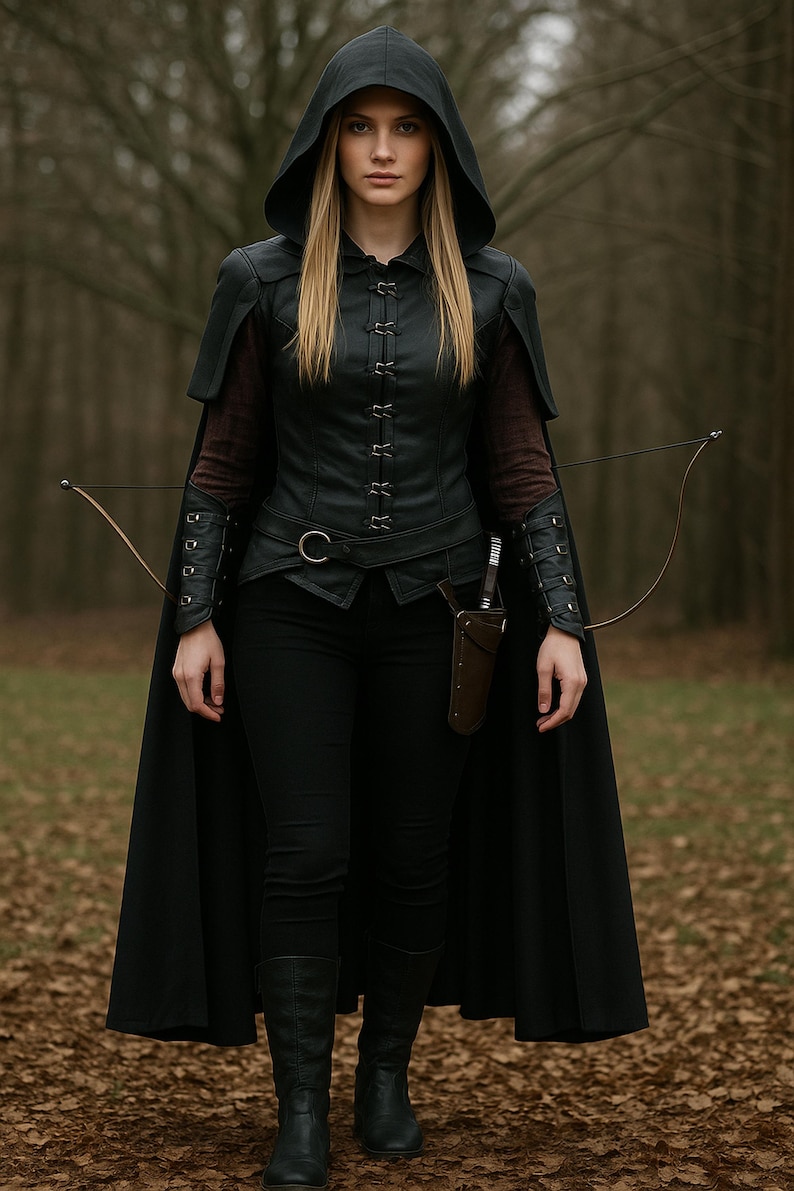 Medieval Archer Leather Cloak & Vest Hooded LARP Ranger Costume Fantasy ...