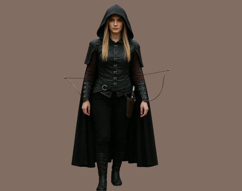 Medieval Archer Leather Cloak & Vest Hooded LARP Ranger Costume Fantasy ...