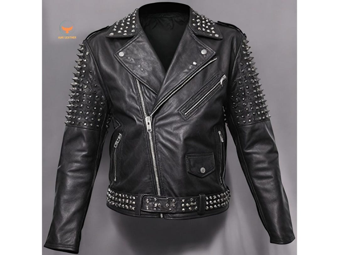 Men’s Black Studded Handmade Leather Biker Jacket Spiked Moto Punk Rock ...