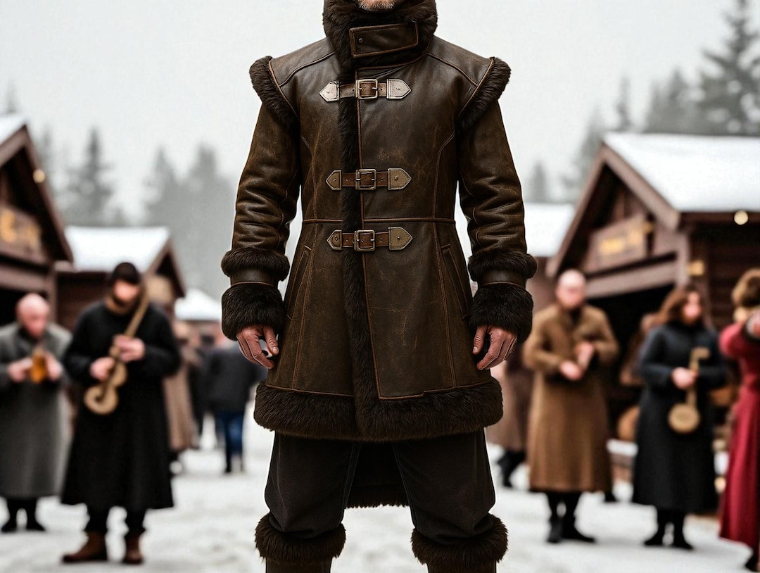 Premium Brown Shearling Leather Coat for Men – Medieval Winter Jacket ...
