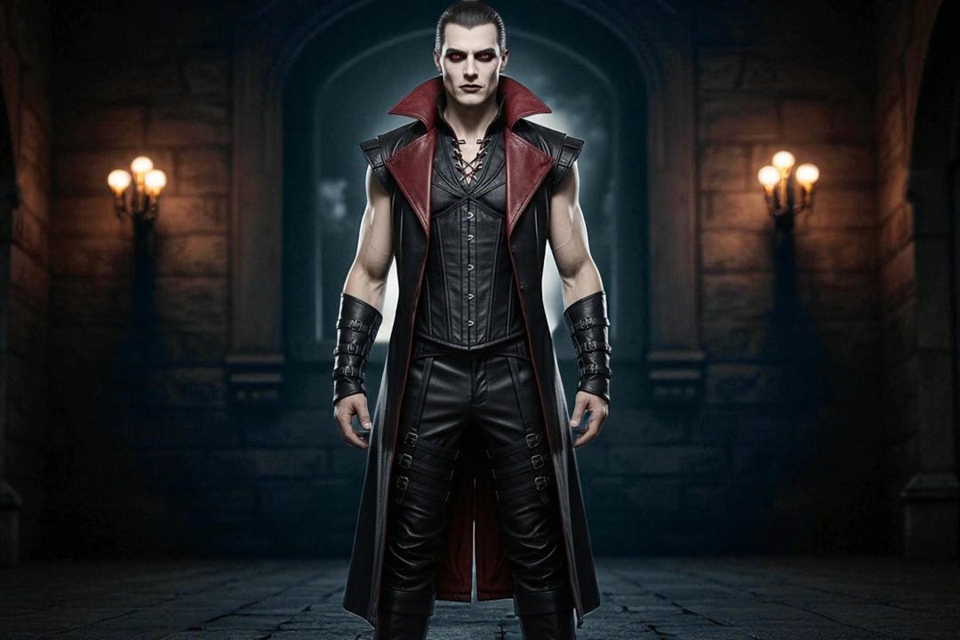 Vampire Gothic Leather Trench Coat for Men | Long Sleeveless Cosplay ...