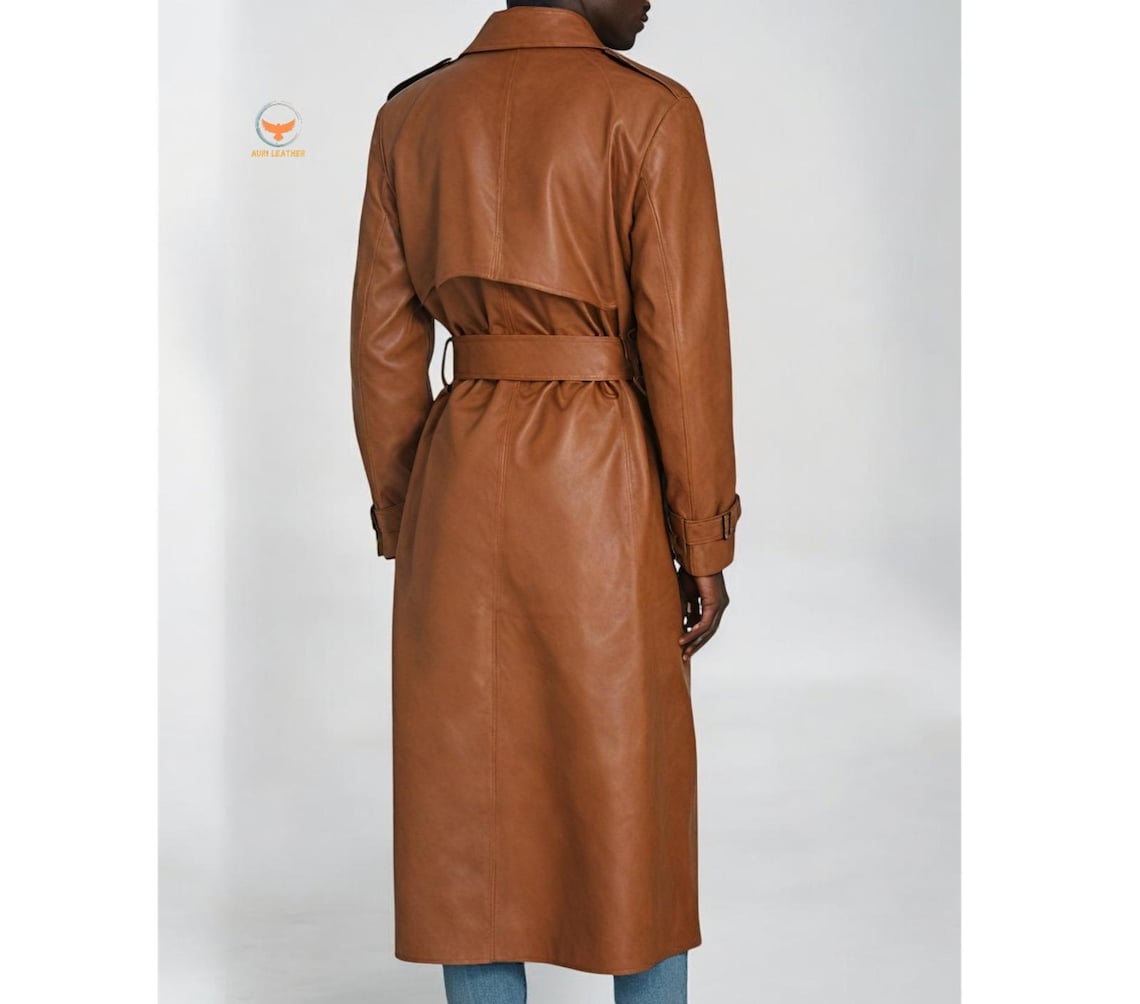 Handmade Genuine Real Cow Leather Trench Women's Tan Brown Coat Long ...