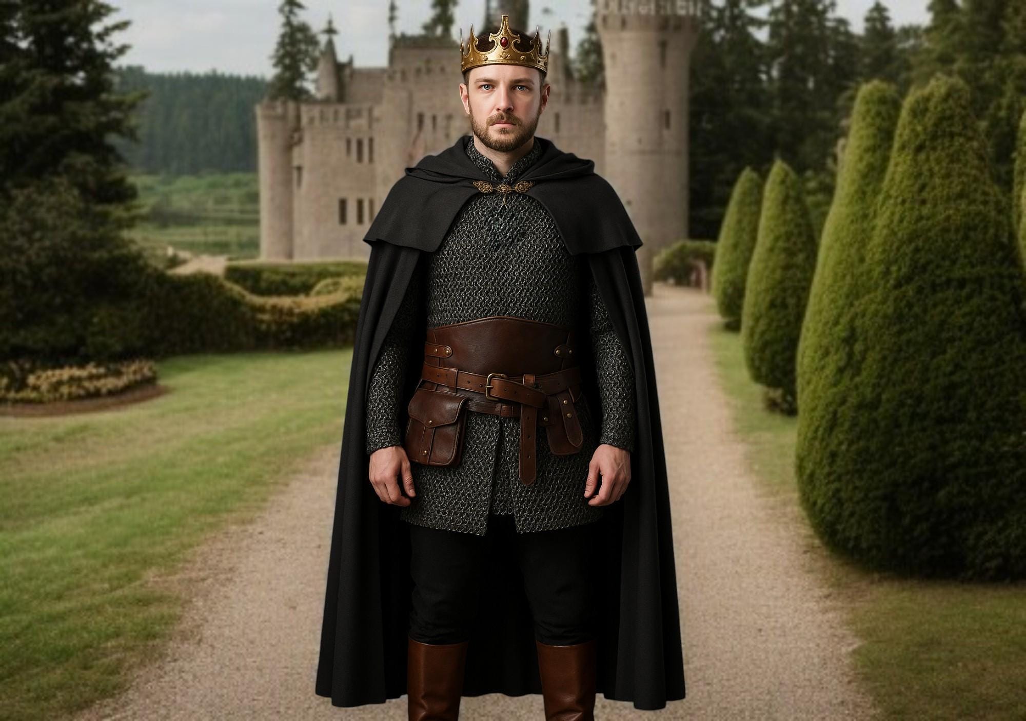 Medieval King Cloak Costume Black Fantasy Cape With Hood & Belt ...