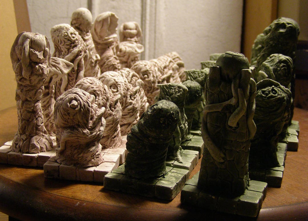 A Weird Horror Chess-set in the Hues of Moss and Aged Bone - Etsy UK