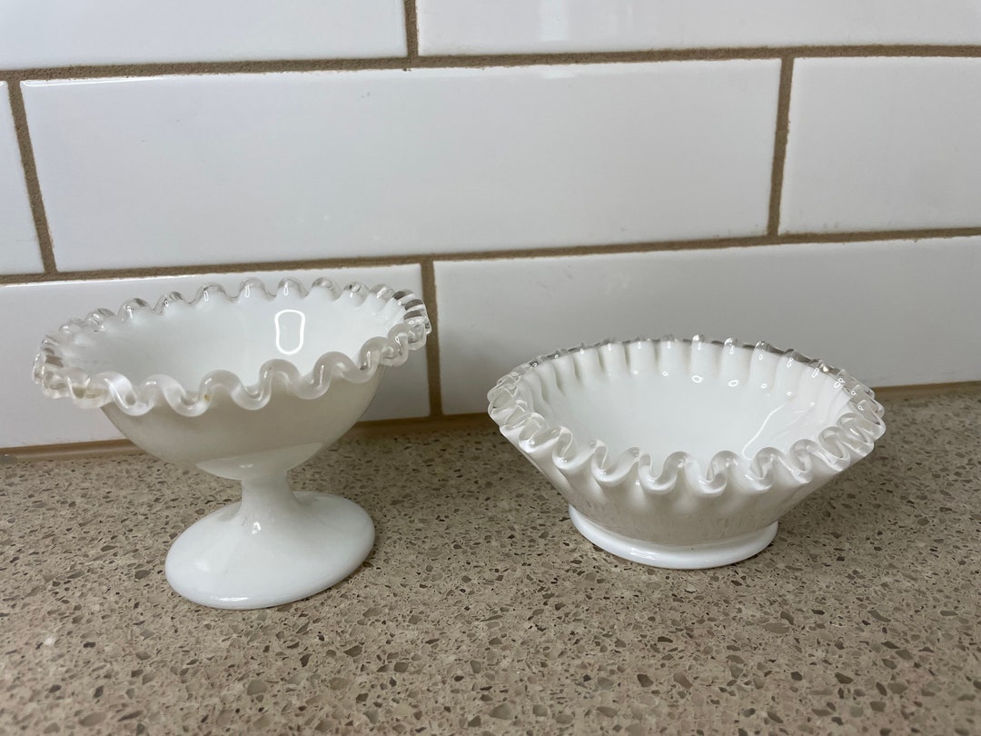 Fenton Silvercrest Milk Glass Dishes With Ruffled Edge One Small Footed ...