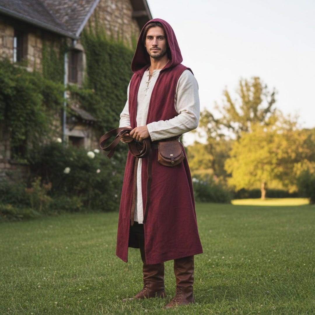 Medieval Hooded Long Vest for Men – Sleeveless Tunic Coat, LARP Costume ...