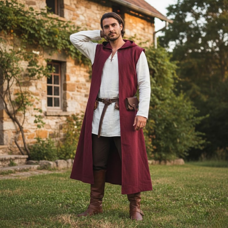 Medieval Hooded Long Vest for Men – Sleeveless Tunic Coat, LARP Costume ...
