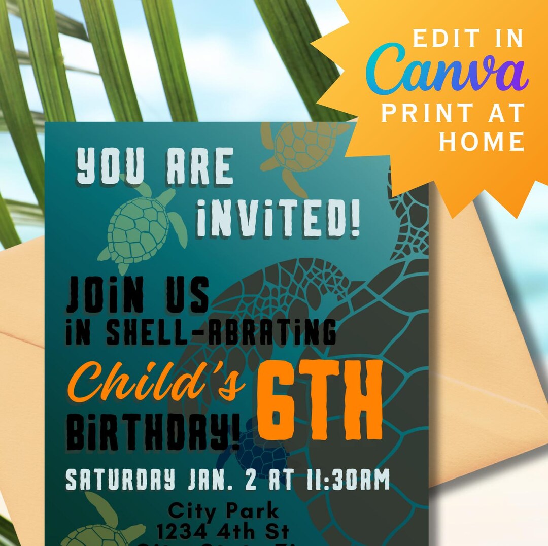 Custom | Canva | Invitation | Flyer | Sea Turtle | Beach | Birthday ...