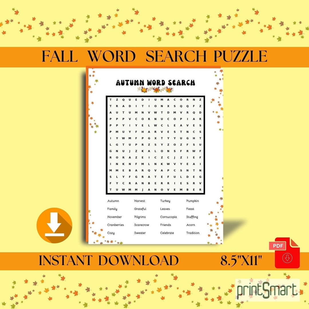 Autumn Printable Word Search Puzzle Digital Download Fun Activity Brain ...