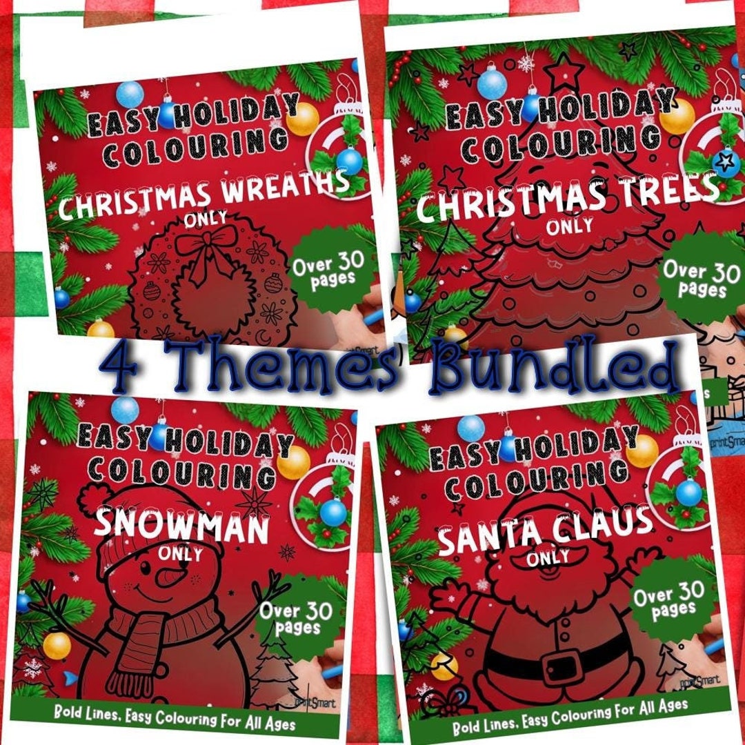 Holiday Coloring Bundle, 4 Themes, Christmas Trees, Wreaths, Santa ...