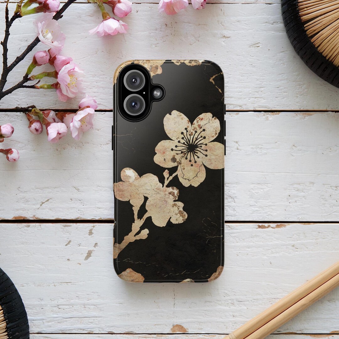 Japanese Wabi Sabi Flower Cell Phone Case, Black Japan Botanical ...