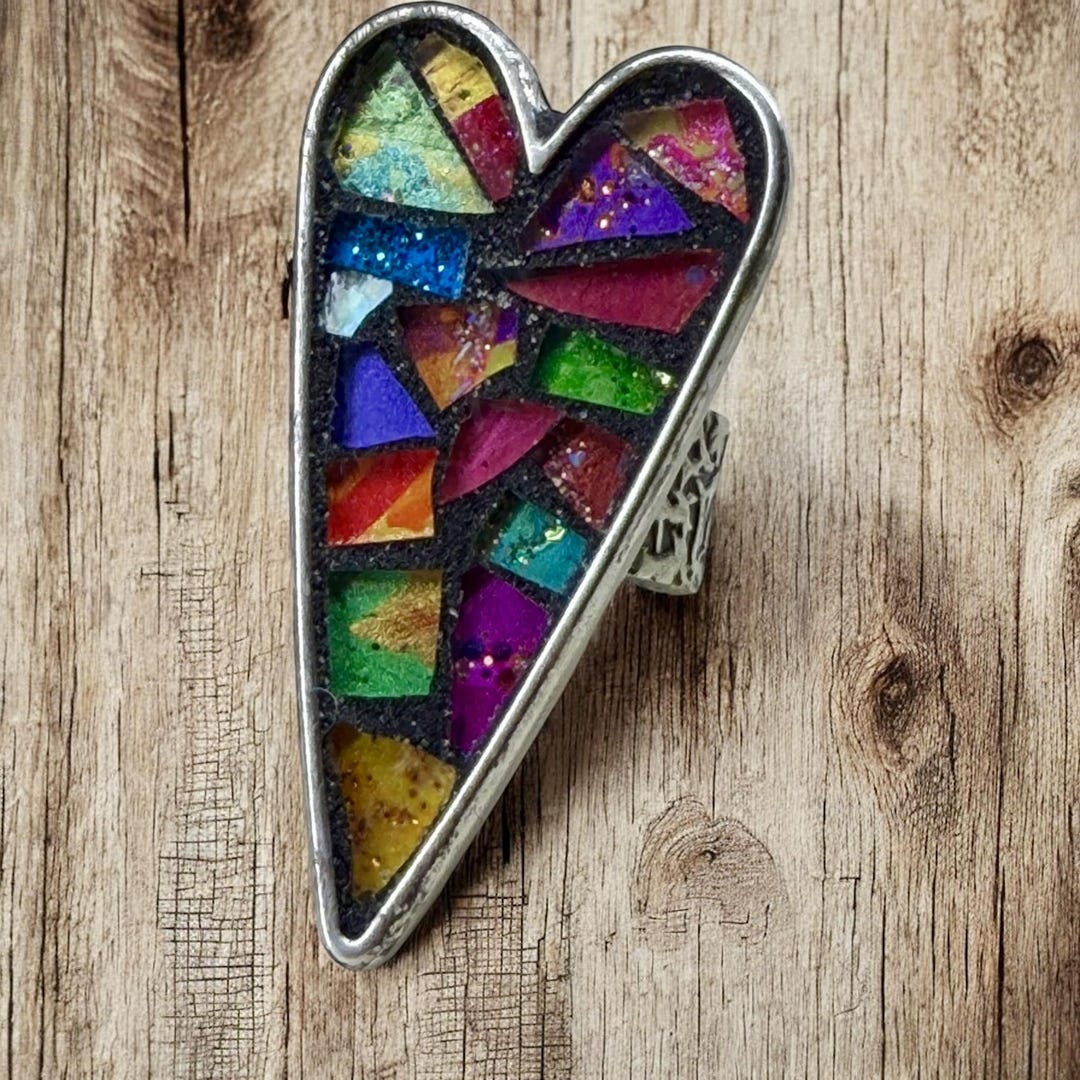 Mosaic Hand- Painted Glass Heart Ring, Fun and Funky Bright Colors - Etsy