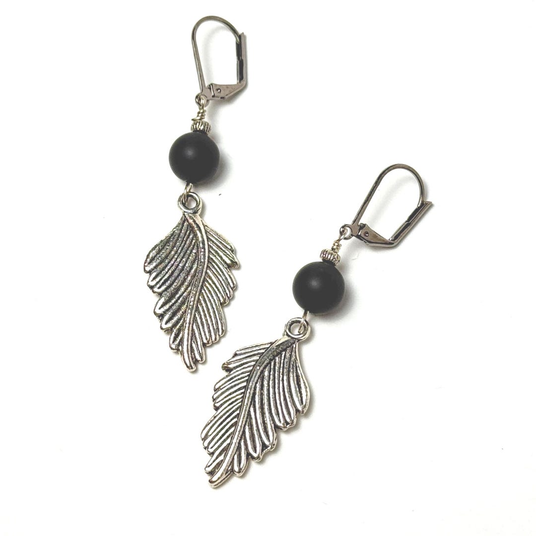 Matte Onyx & Feather Charm Earrings, Black and Silver Boho Jewelry Gift ...