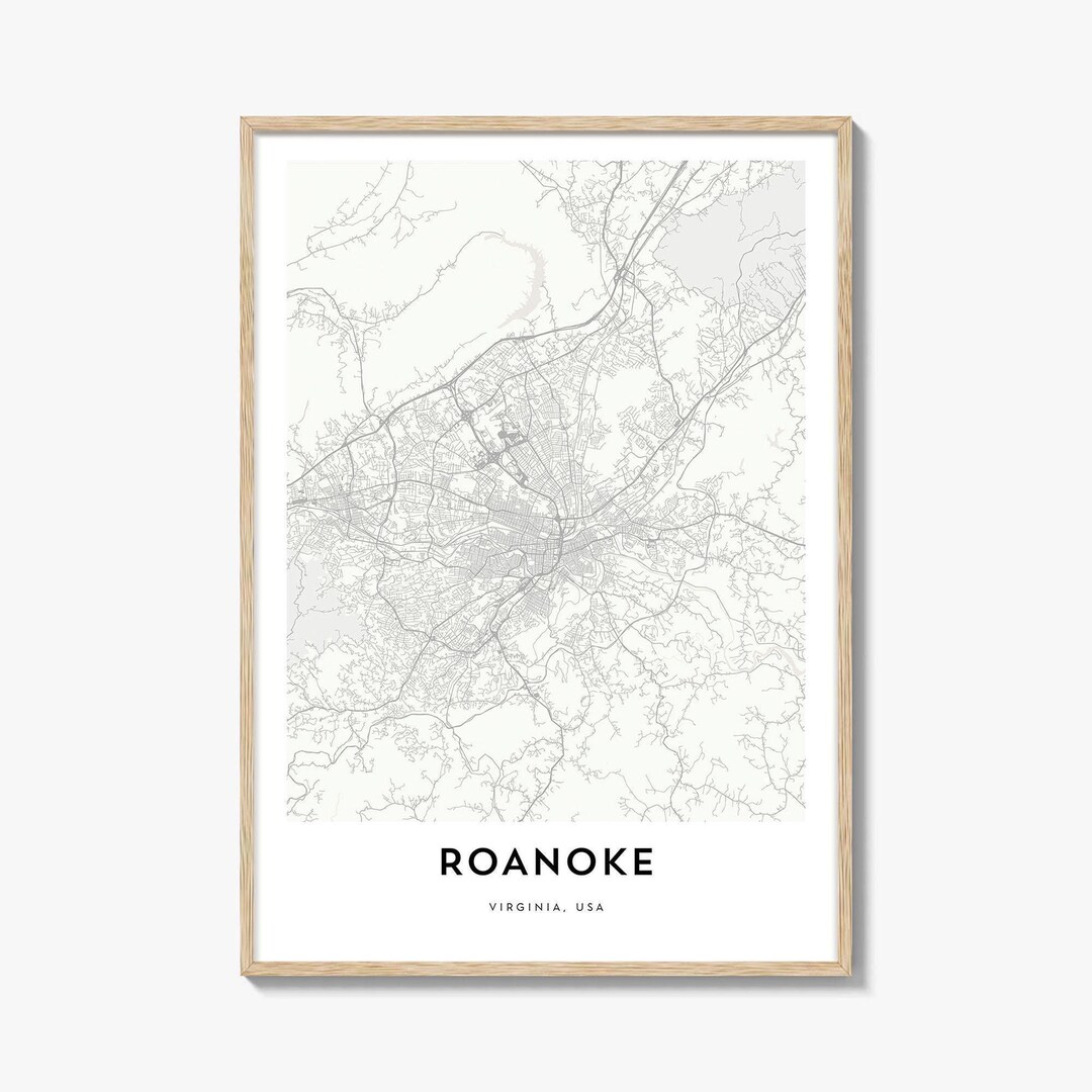 Roanoke Map Poster Print, Virginia Wall Art, USA Decor, Blue Ridge City ...