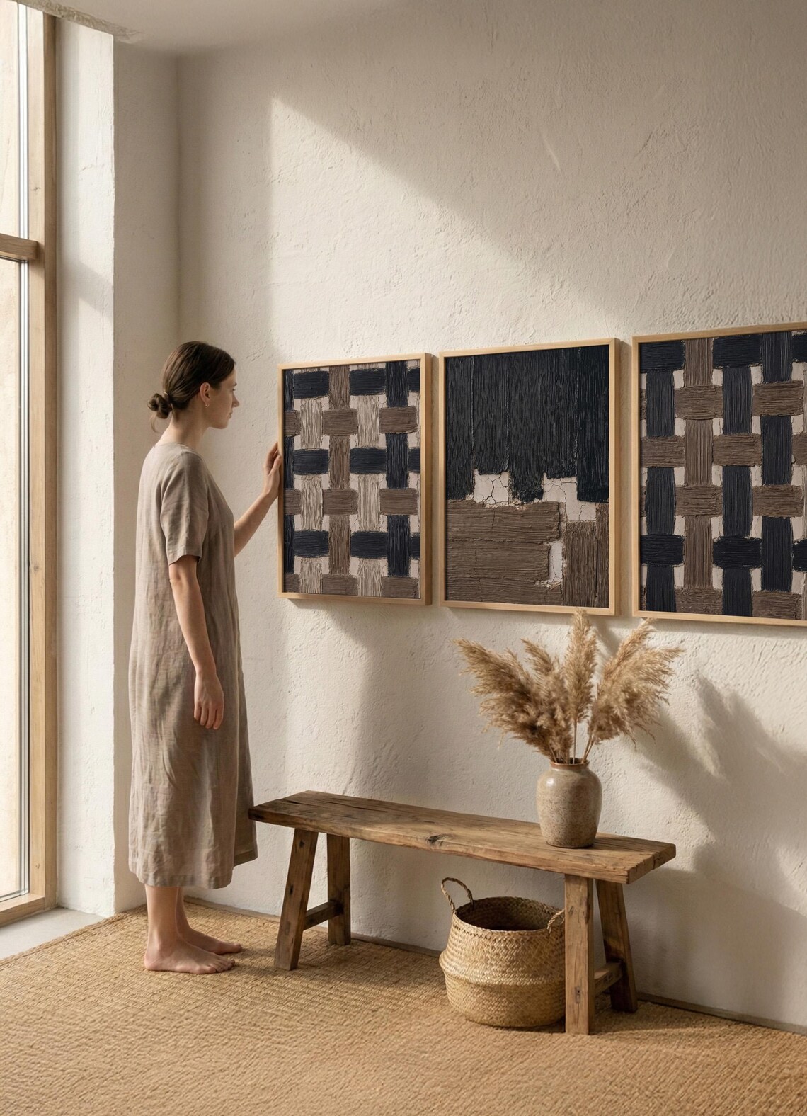 Set di 3 stampe murali nere e marroni, stampe con texture intrecciata ...