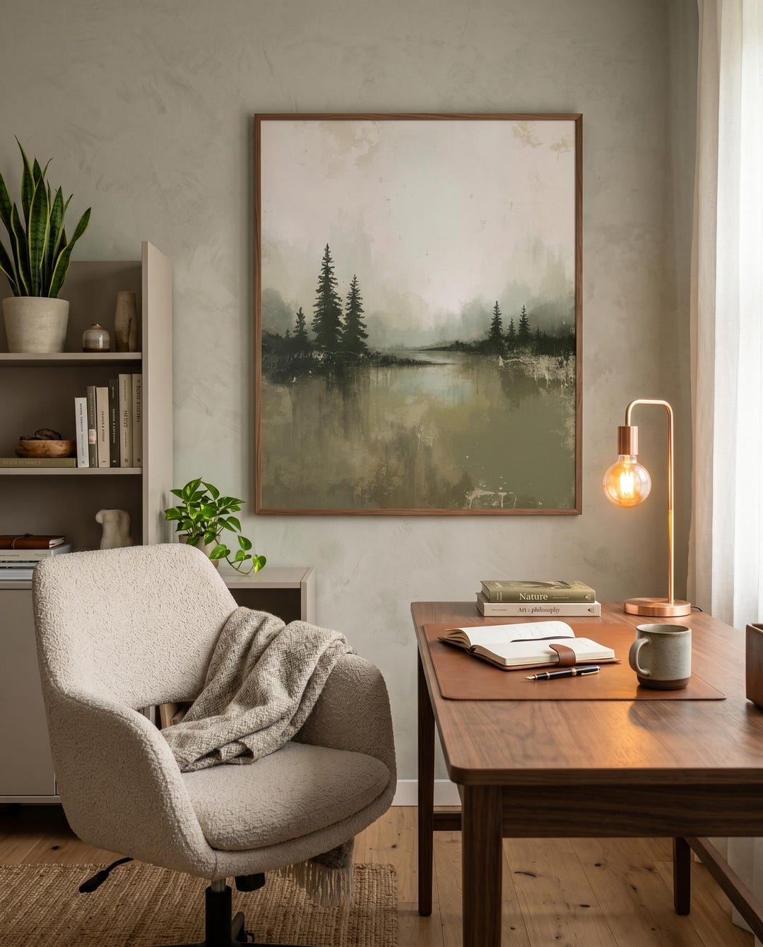 Misty Sage Green Forest Landscape Wall Art, 3D Plaster Effect Print ...