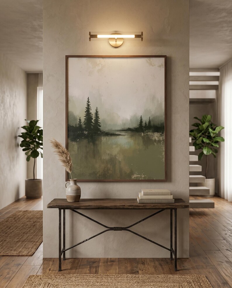 Misty Sage Green Forest Landscape Wall Art, 3D Plaster Effect Print ...