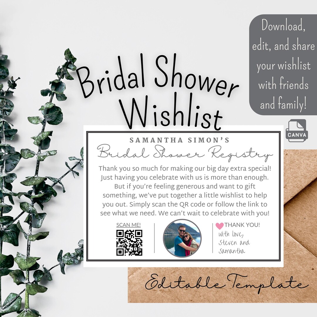 Bridal Shower Wishlist Card: Registry QR Code Template (canva) - Etsy