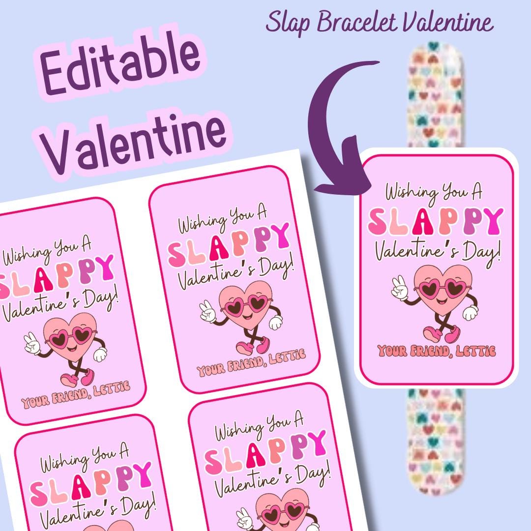 Editable Printable Slap Bracelet Valentine DIY Kids Valentine Instant ...
