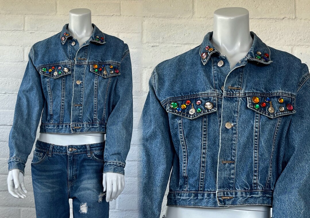90s Bejeweled Jean Jacket Vintage Cropped Denim Jacket Colorful Jewel ...