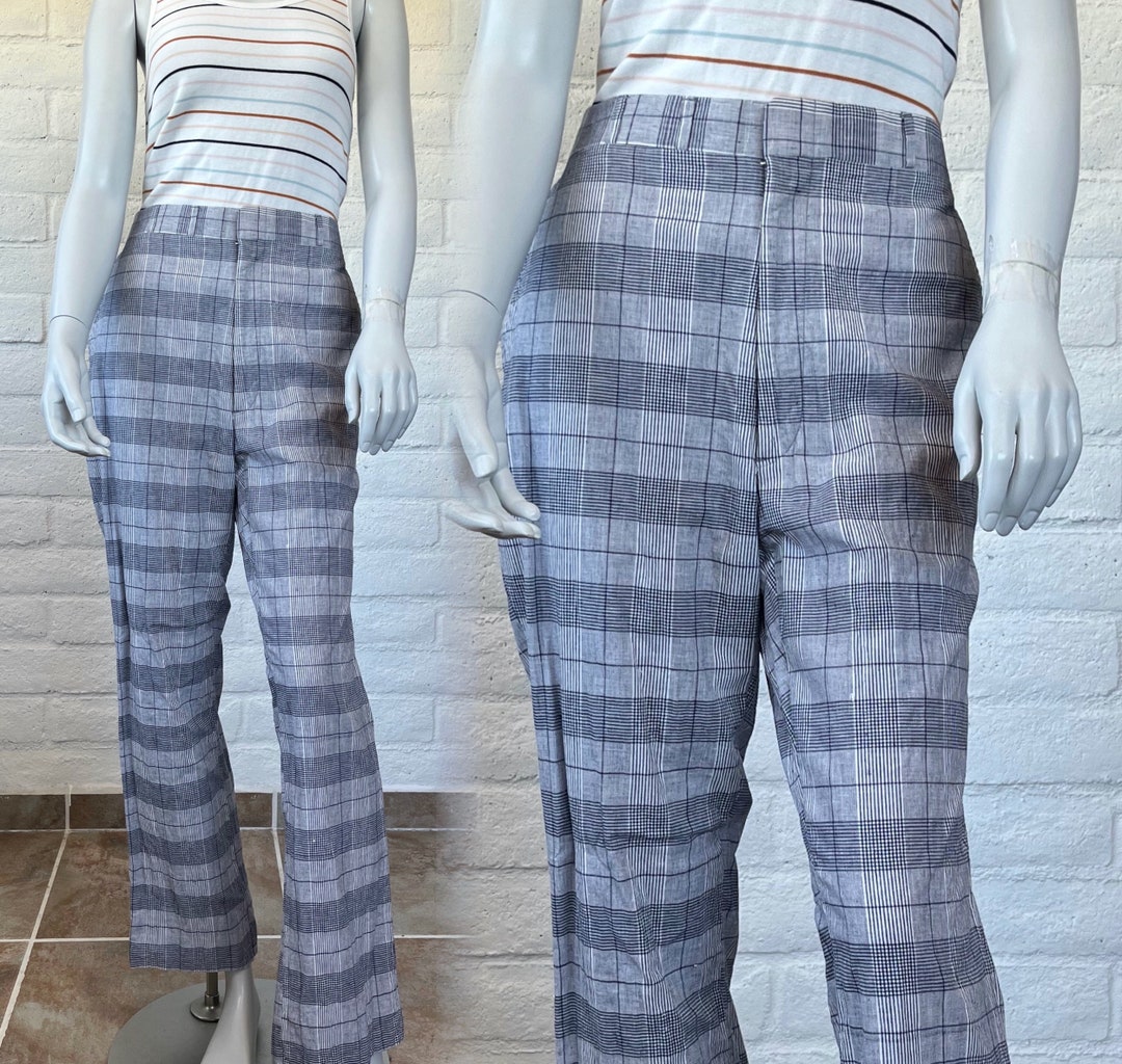 70s Mens Plaid Pants Vintage Blue & White High Waist Trousers Classic ...