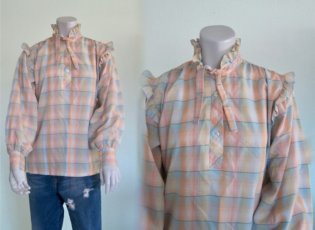 80s Plaid Top - Vintage Pastel Plaid Ruffled Shirt - Pretty 1980s ...