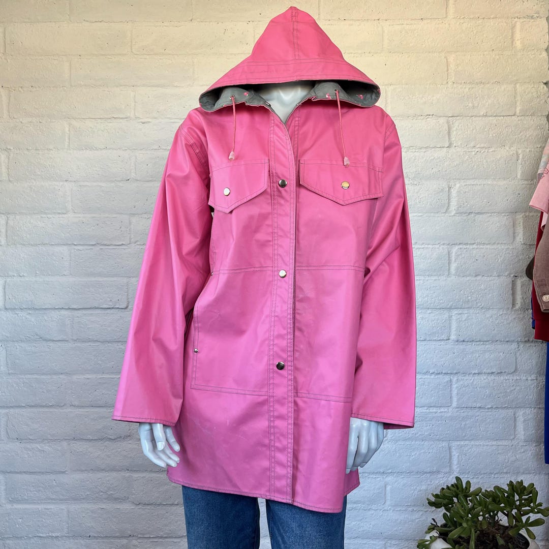 80s Pink PVC Raincoat Vintage Snap Front Rain Coat With Duck Lining ...
