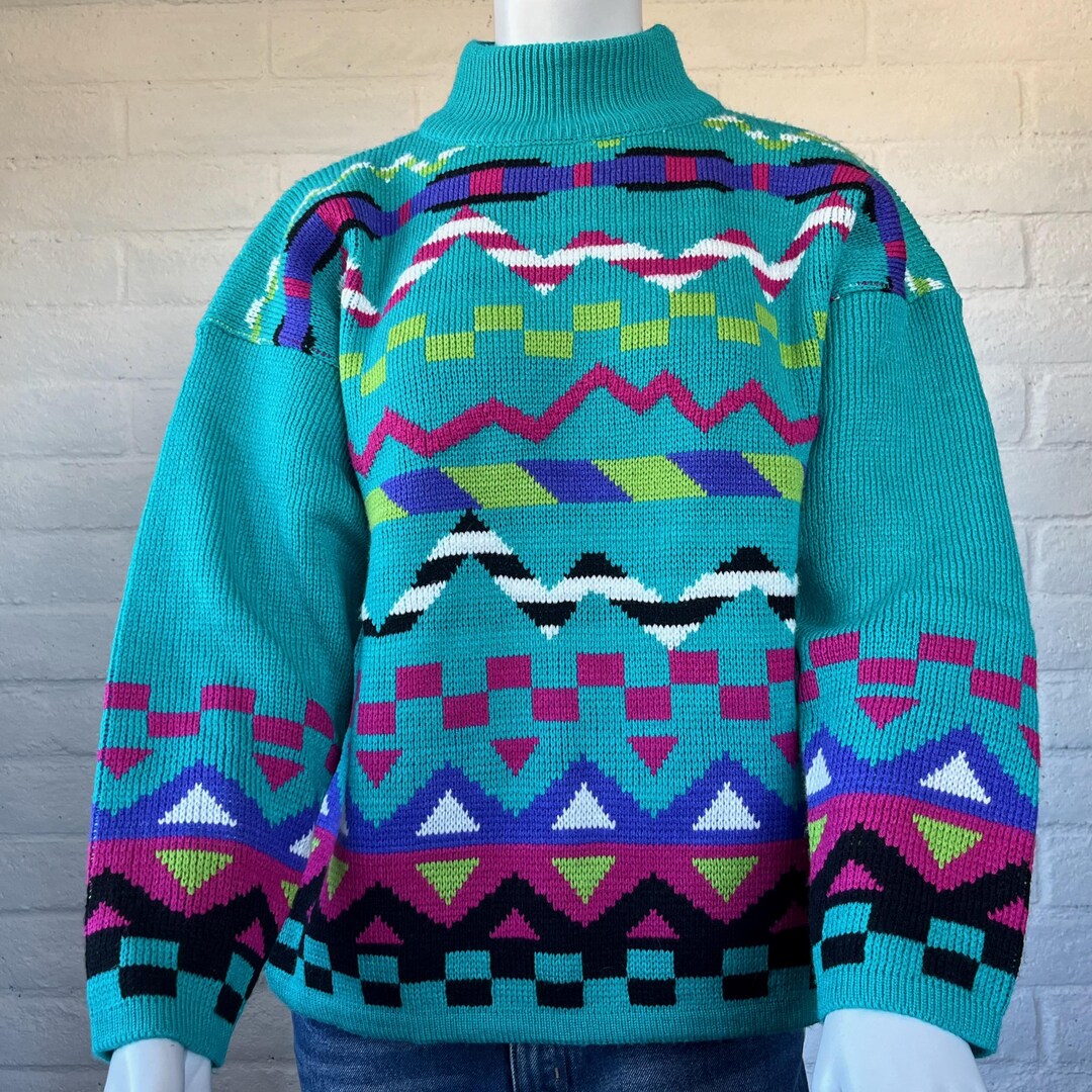 80s Gitano Sweater Vintage Abstract Neon Mock Neck Pullover Awesome ...