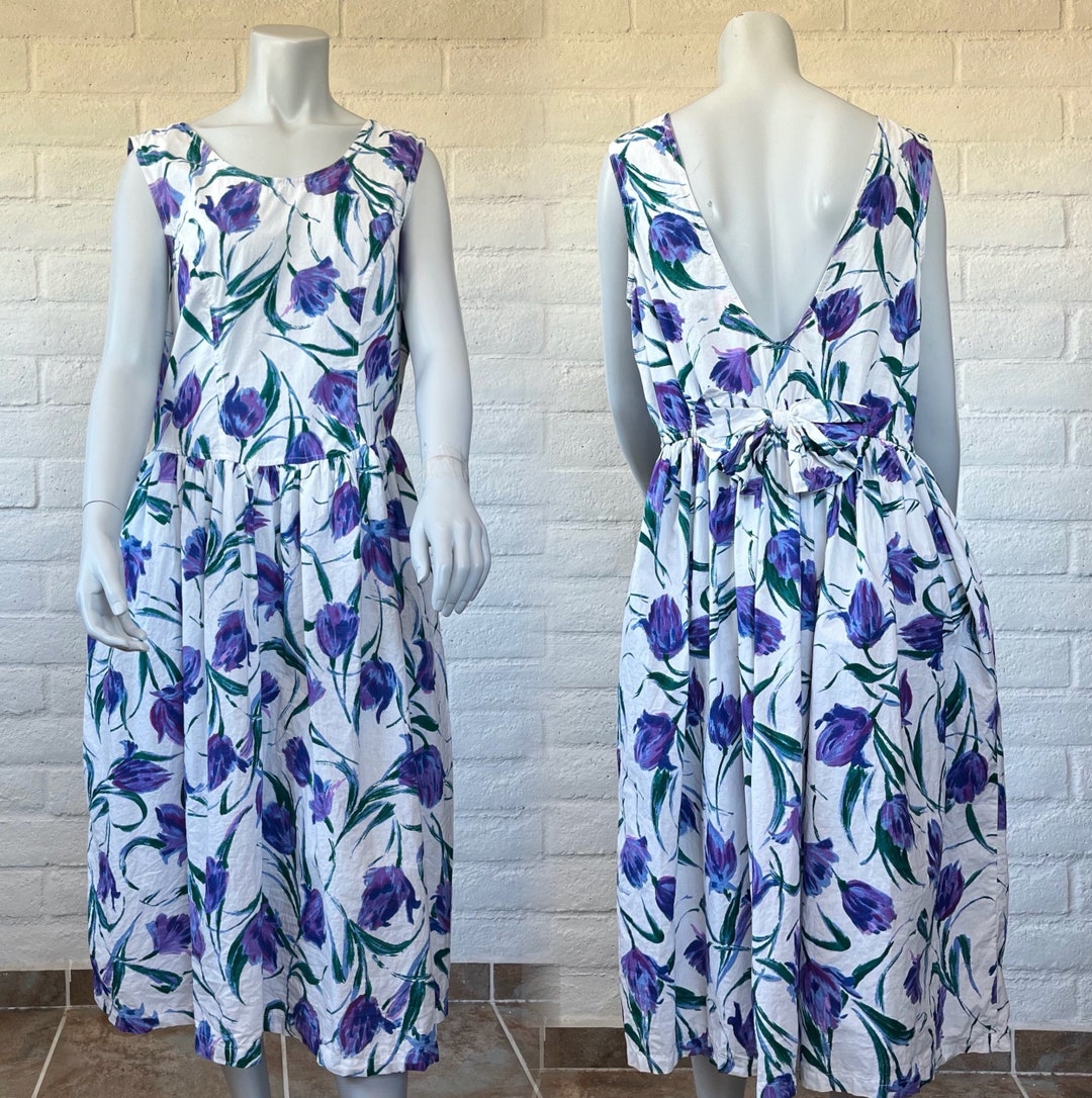 80s Tulip Print Sundress Vintage Cotton Floral Dress W Low Back Pretty ...