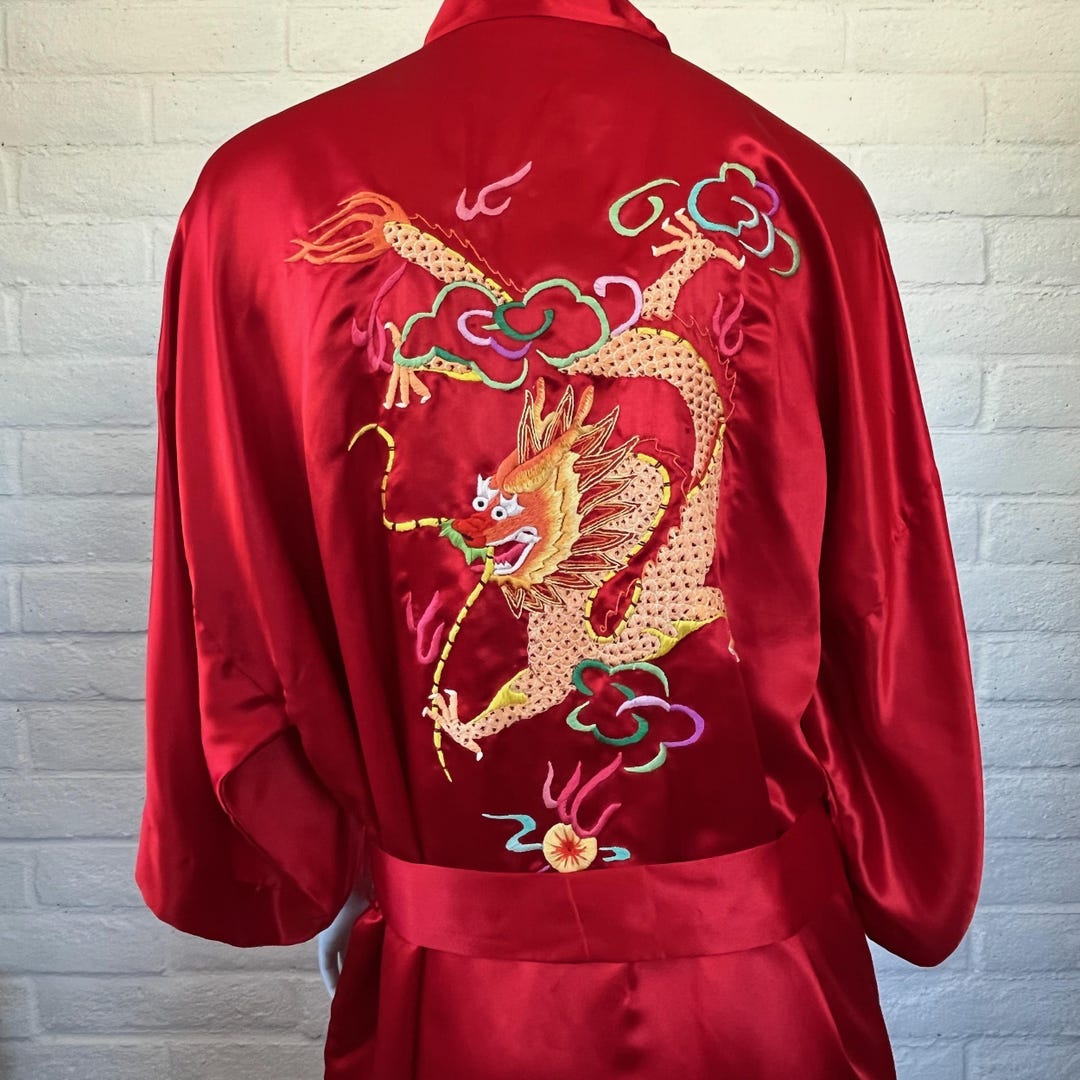 Silk Dragon Robe - Vintage Chinese Silk Robe - 90s Red Silk Robe W ...