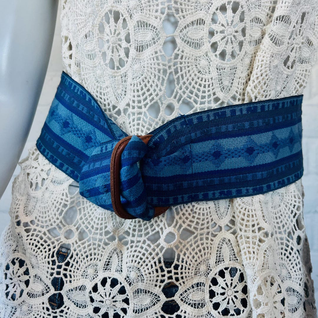 Blue Stripe Woven Belt - Vintage 90s Land's End Wide Fabric Belt - Chic ...